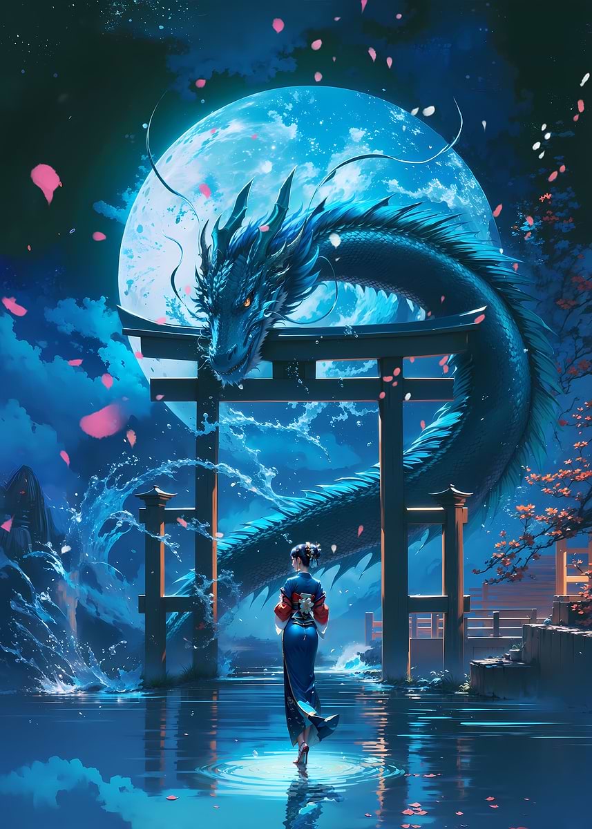 'Geisha and Blue Dragon' Poster, picture, metal print, paint by Luong Phat | Displate