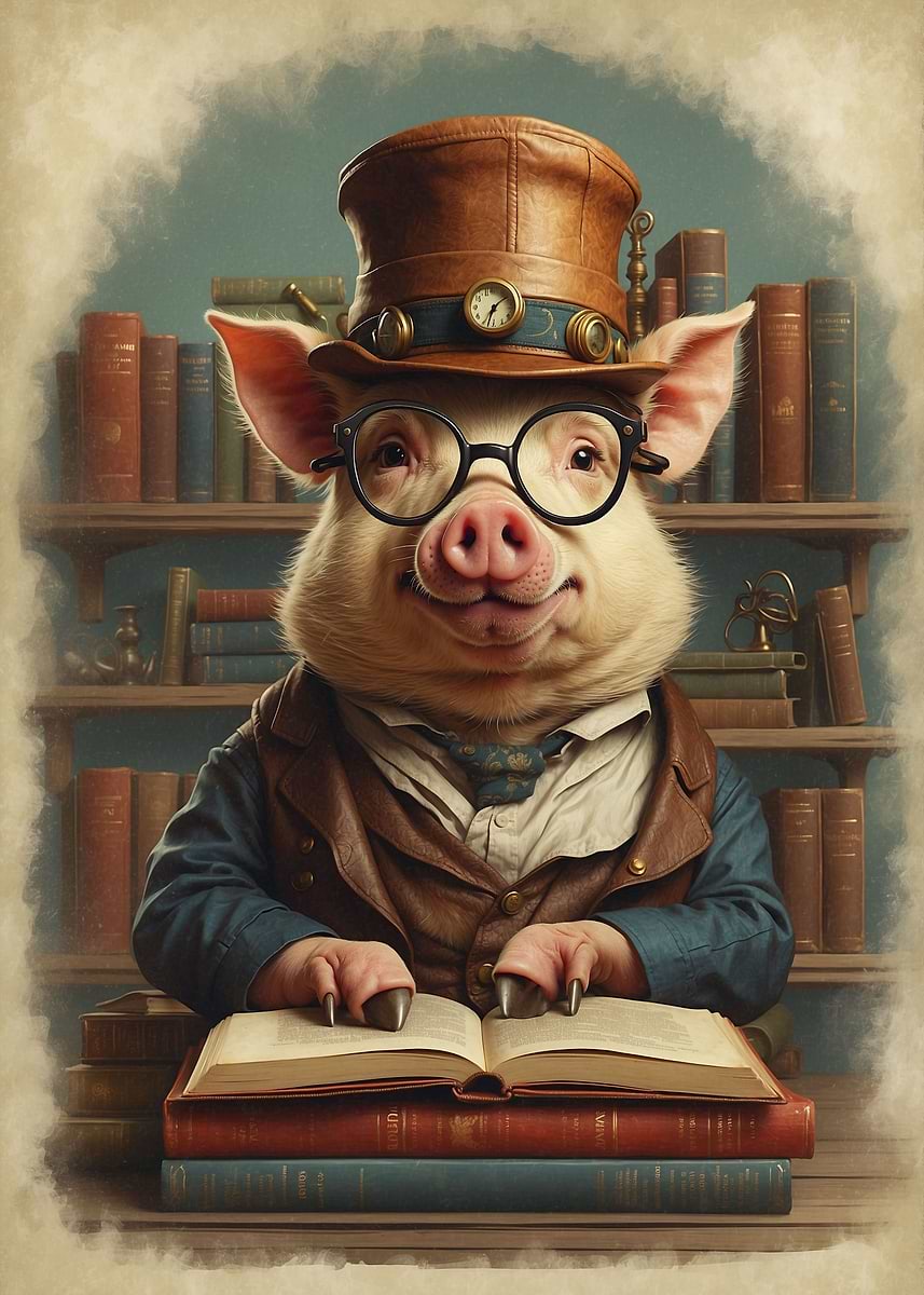 'Steampunk Book Smart Pig' Poster, picture, metal print, paint by Mudge ...