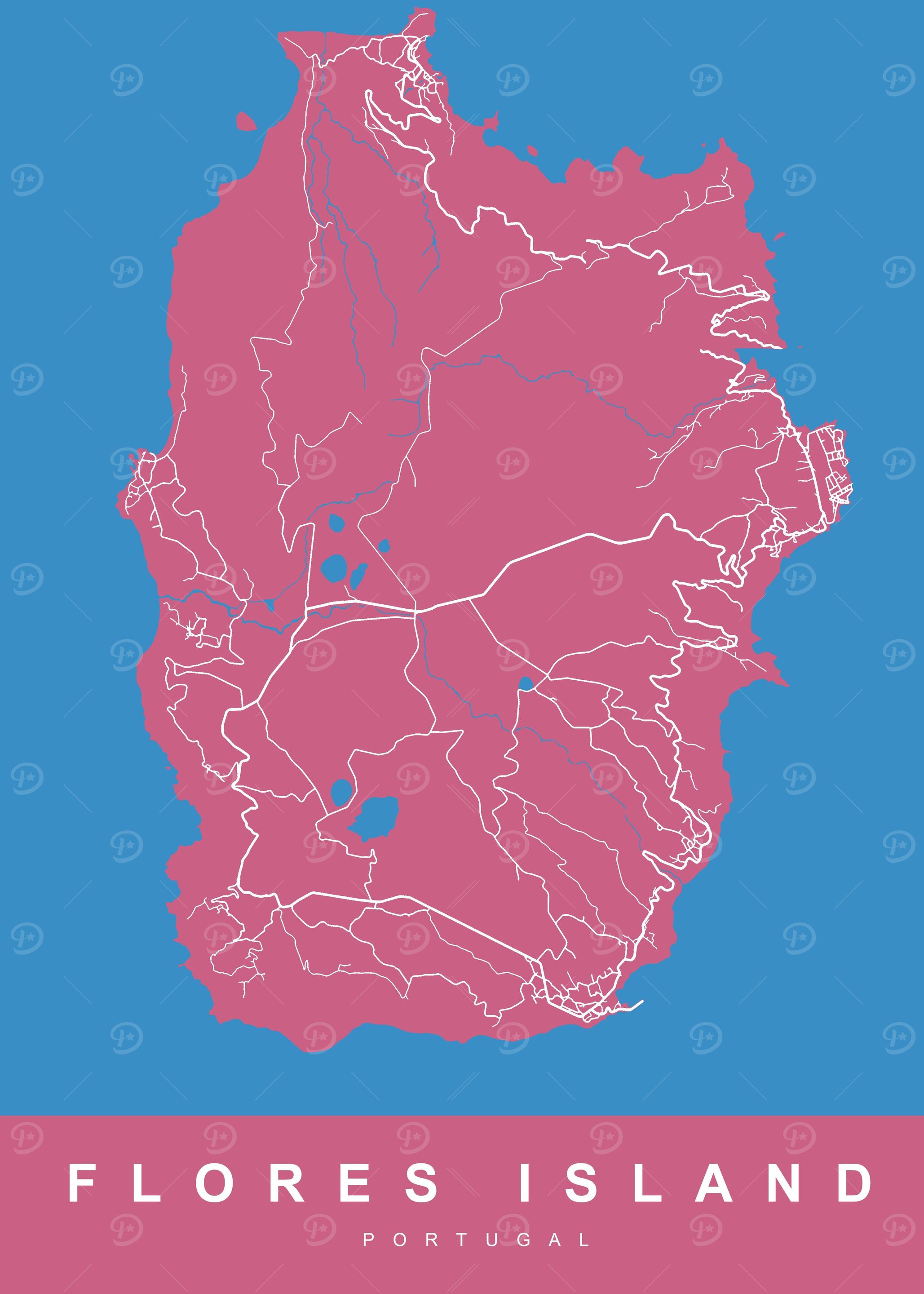 'MAP FLORES ISLAND PORTUGAL' Poster, picture, metal print, paint by ...