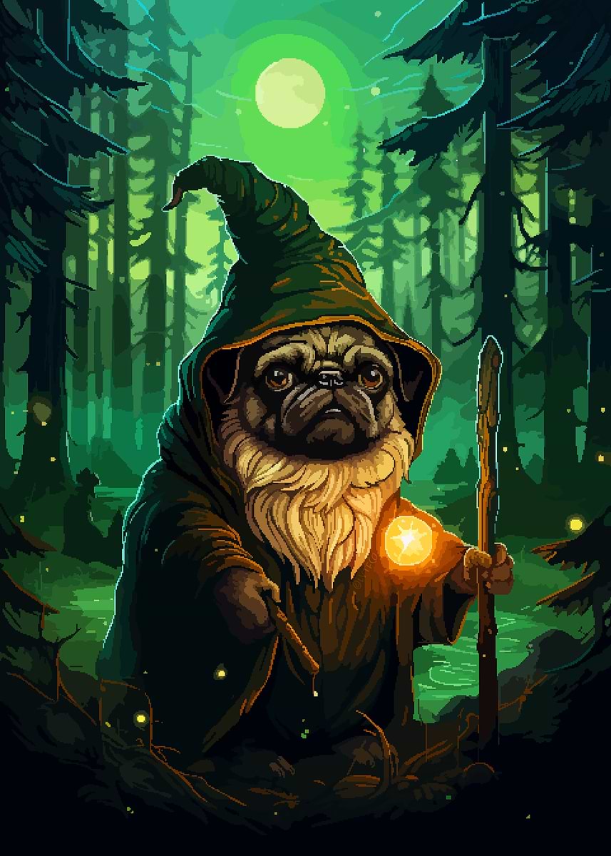 'Pug Wizard Forest Pixel' Poster, picture, metal print, paint by LVTFCO ...