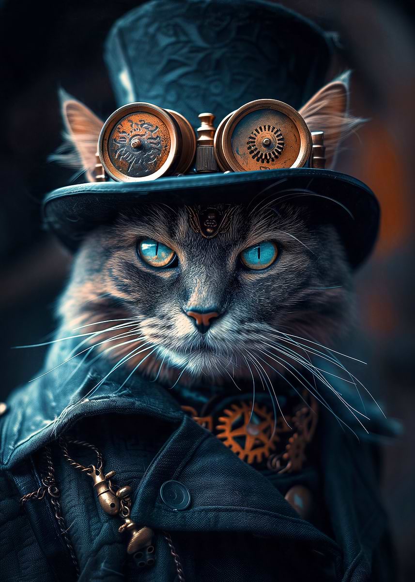 'Blue Eyed Steampunk Cat' Poster, picture, metal print, paint by ...