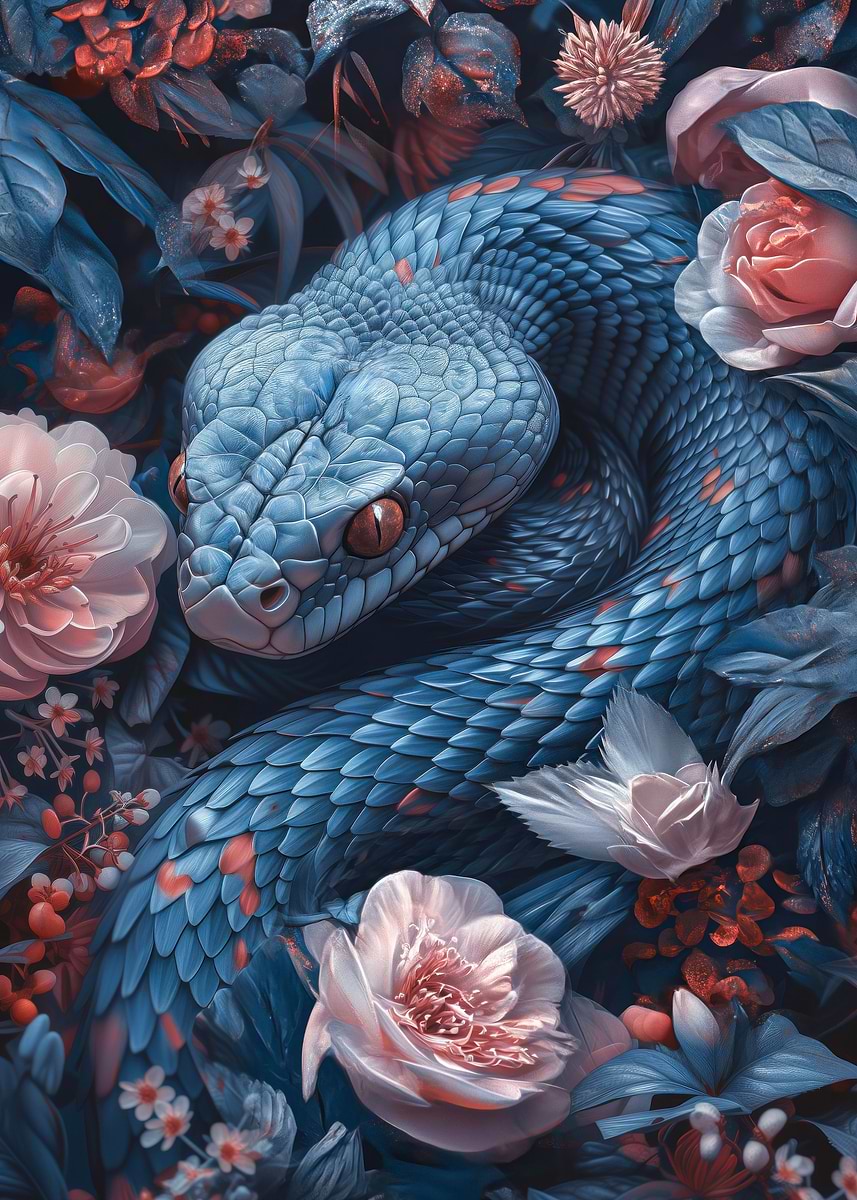 'snake in blue floral' Poster, picture, metal print, paint by Adel S ...