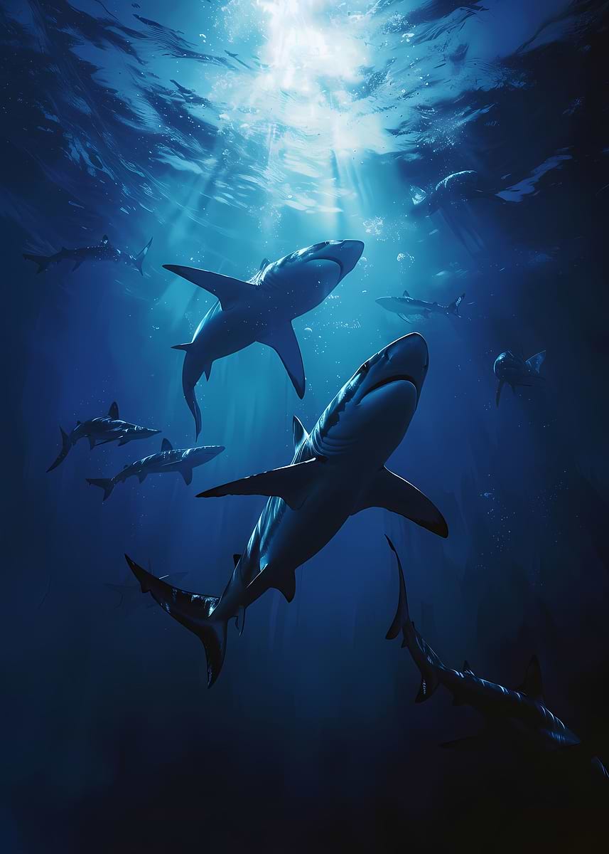 'Group of Sharks' Poster, picture, metal print, paint by Mamanisme Art ...