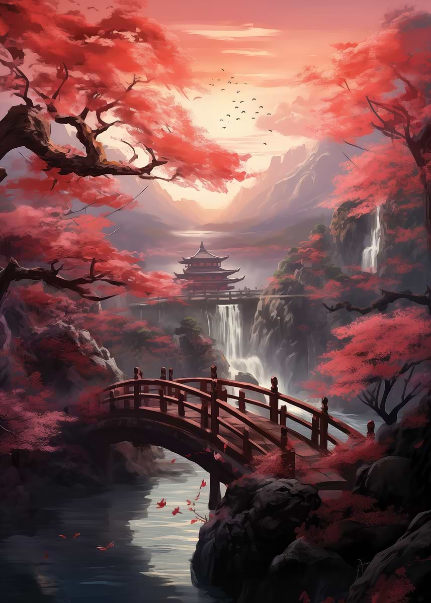 'Asian landscape sunset' Poster, picture, metal print, paint by Simon ...