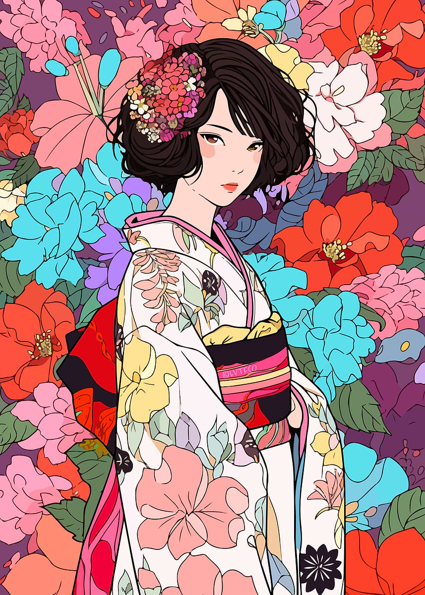 'Japanese Kimono Anime Girl' Poster, picture, metal print, paint by ...