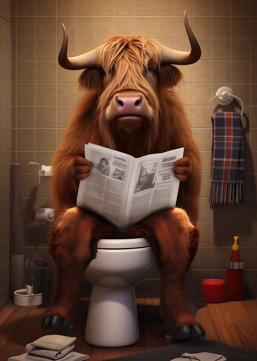 'Highland Cow on the Toilet' Poster, picture, metal print, paint by ...