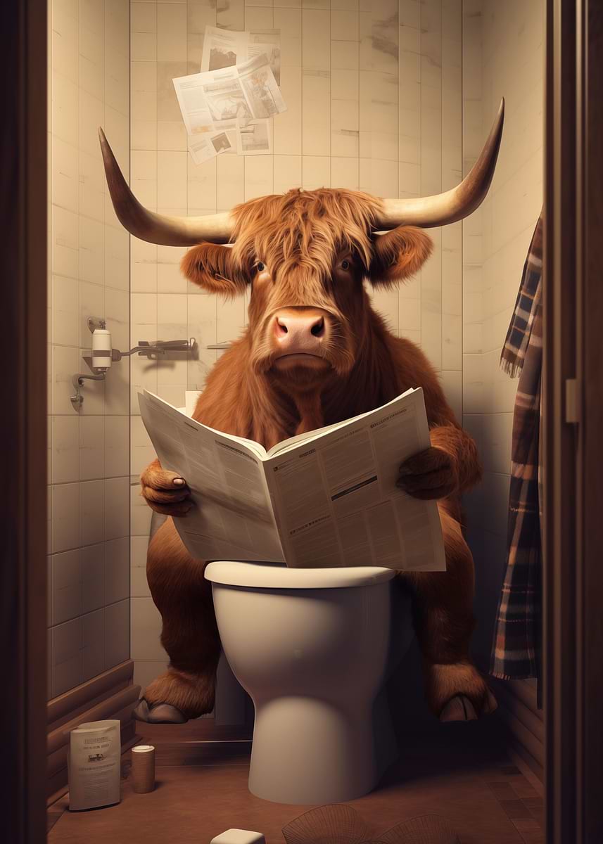 'Highland Cow on the Toilet' Poster, picture, metal print, paint by EB ...