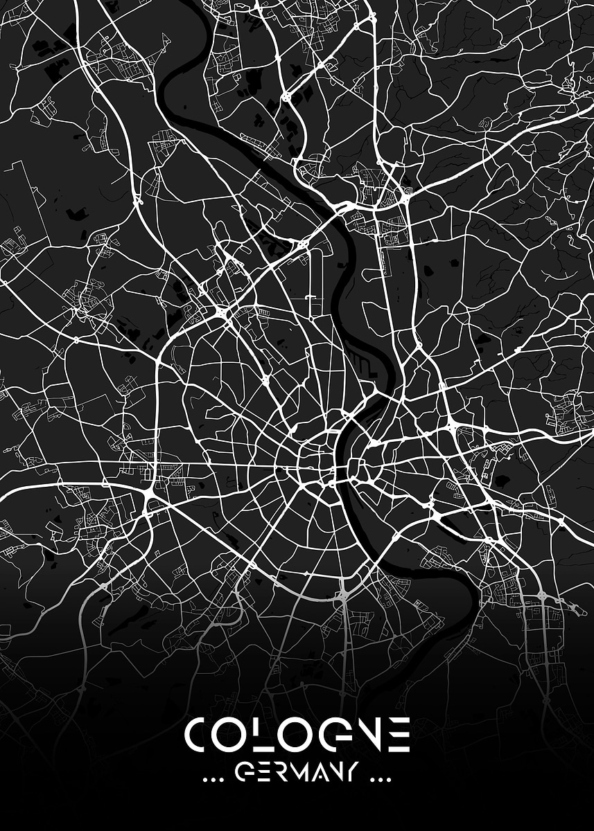 'Cologne City Map Black' Poster, picture, metal print, paint by ...