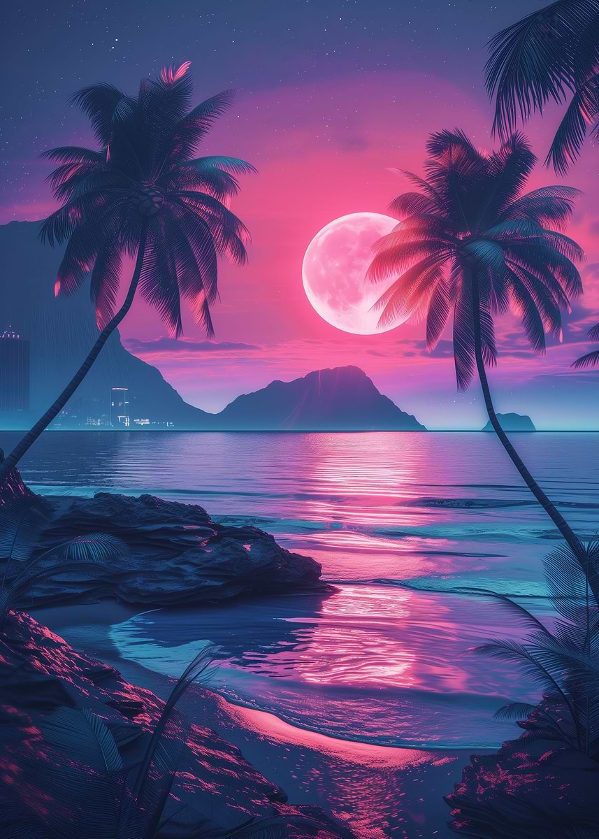 'Synthwave Beach Scenery' Poster, picture, metal print, paint by Ilyrin ...