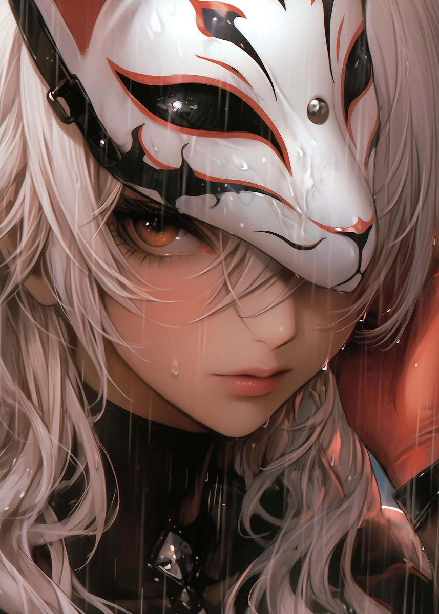 'Anime Girl with Fox Mask' Poster, picture, metal print, paint by ...