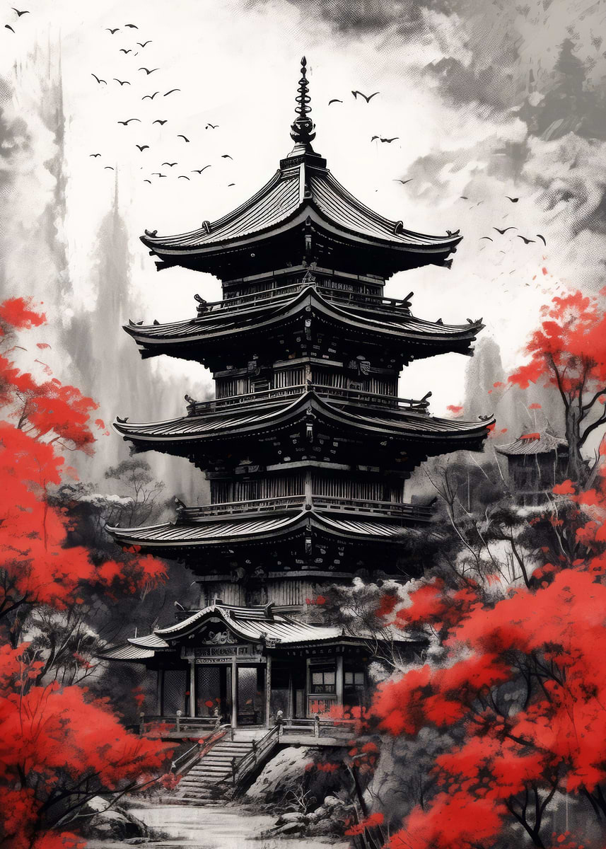 'Japanese Temples Ink Wash' Poster, picture, metal print, paint by ...