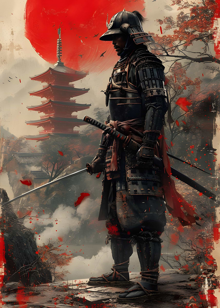 'red moon Samurai Warrior ' Poster, picture, metal print, paint by ...