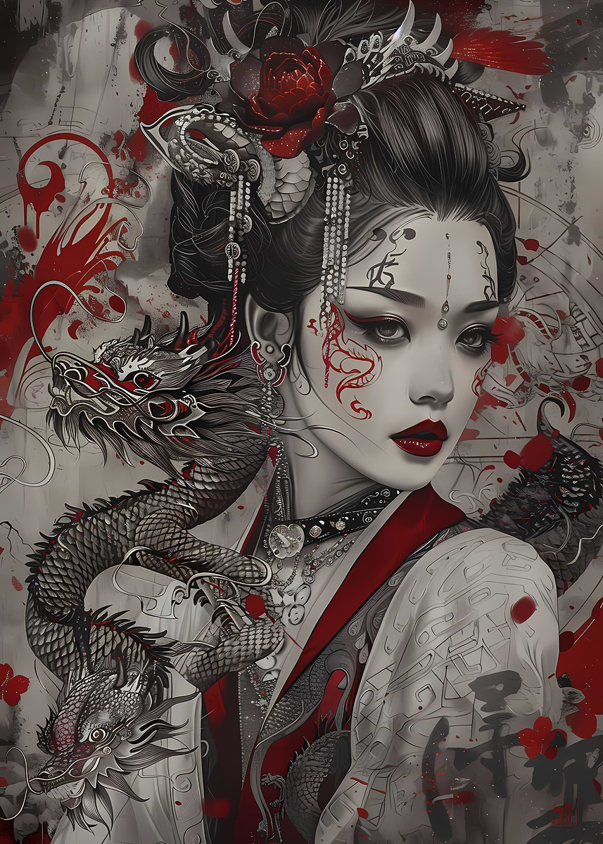 'Geisha and Dragon Art' Poster, picture, metal print, paint by Wildlife ...