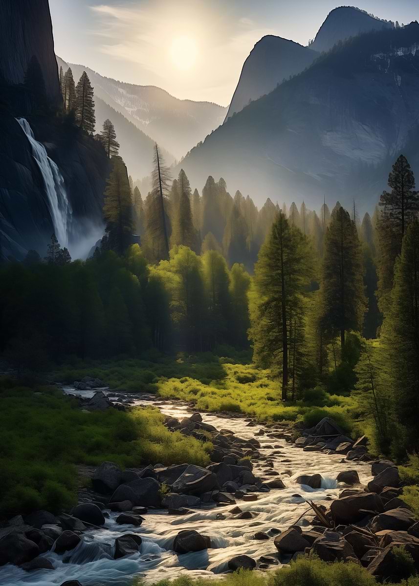 'Noon Waterfall in Forest' Poster, picture, metal print, paint by ...