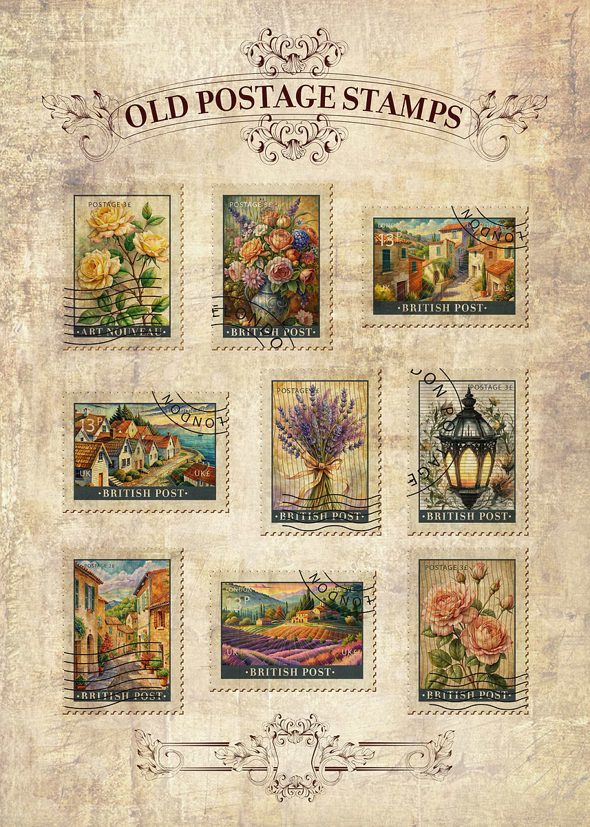 'Vintage postage stamps' Poster, picture, metal print, paint by Cat ...