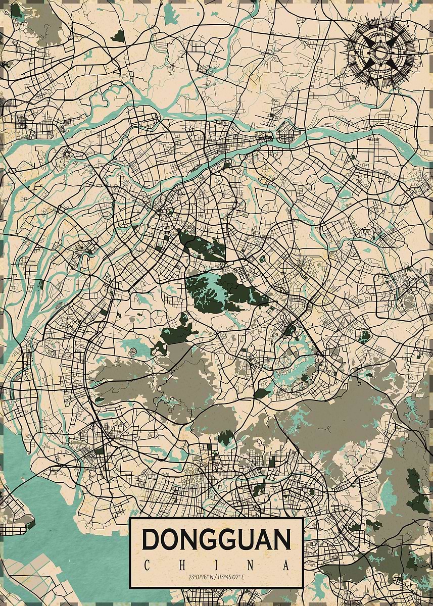 'Dongguan City Map Vintage' Poster, picture, metal print, paint by ...