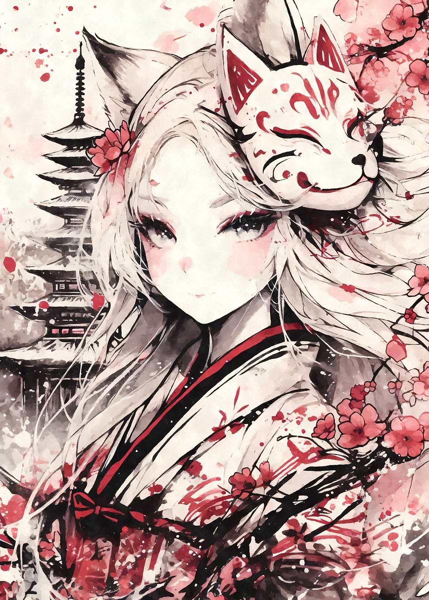 'Anime Miko with Fox Mask' Poster, picture, metal print, paint by ...