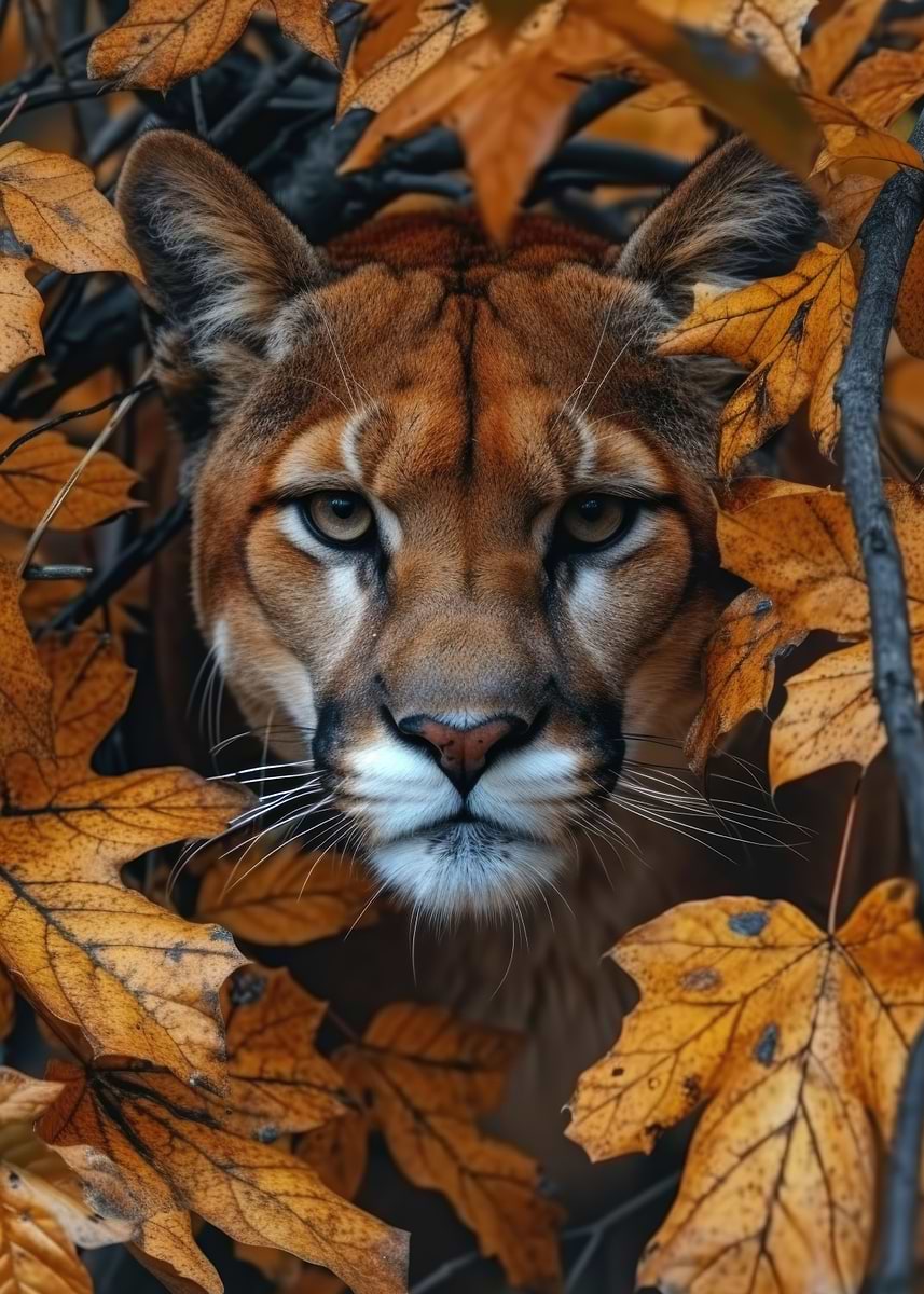 'Puma Behind Fallen Leaves' Poster, picture, metal print, paint by ...