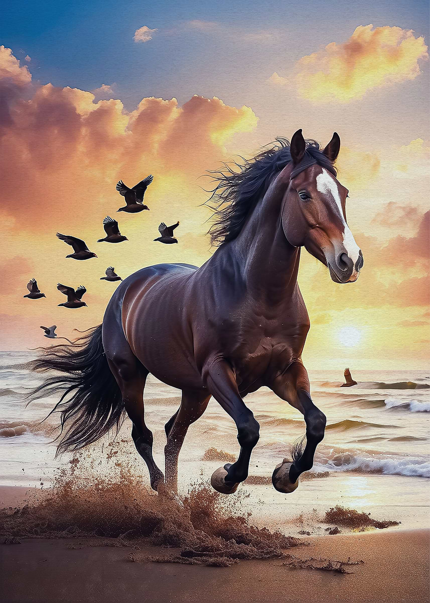 'Horse Running On The Beach' Poster, picture, metal print, paint by ...