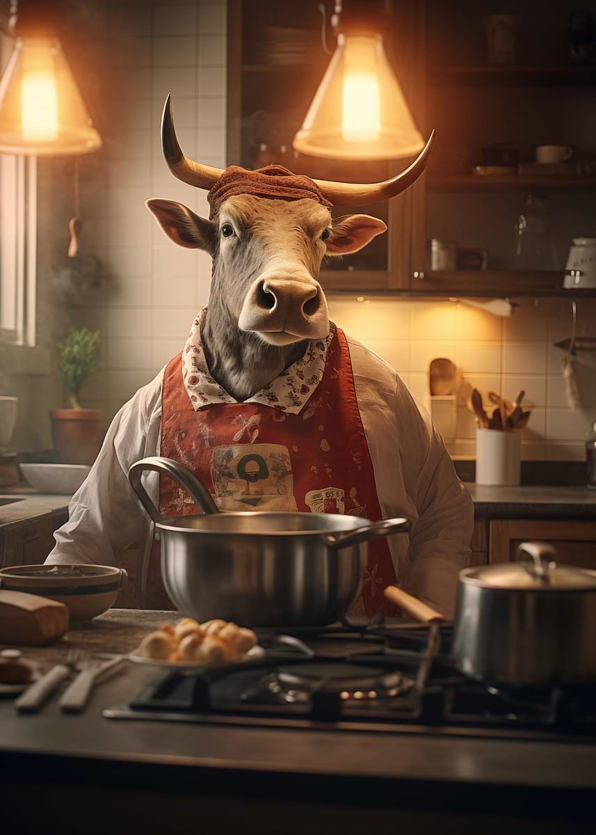 'Bull cooking kitchen Funny' Poster, picture, metal print, paint by ...