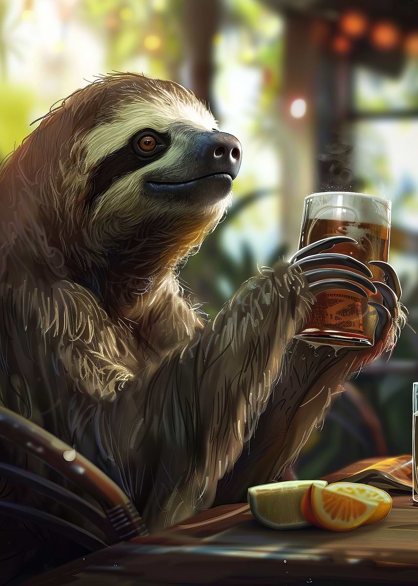 'Sloth Drinking Beer' Poster, picture, metal print, paint by Alisson ...