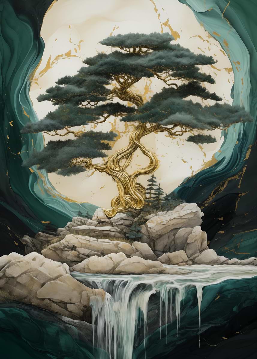 'Golden Bonsai Tree Fall ' Poster, picture, metal print, paint by ...