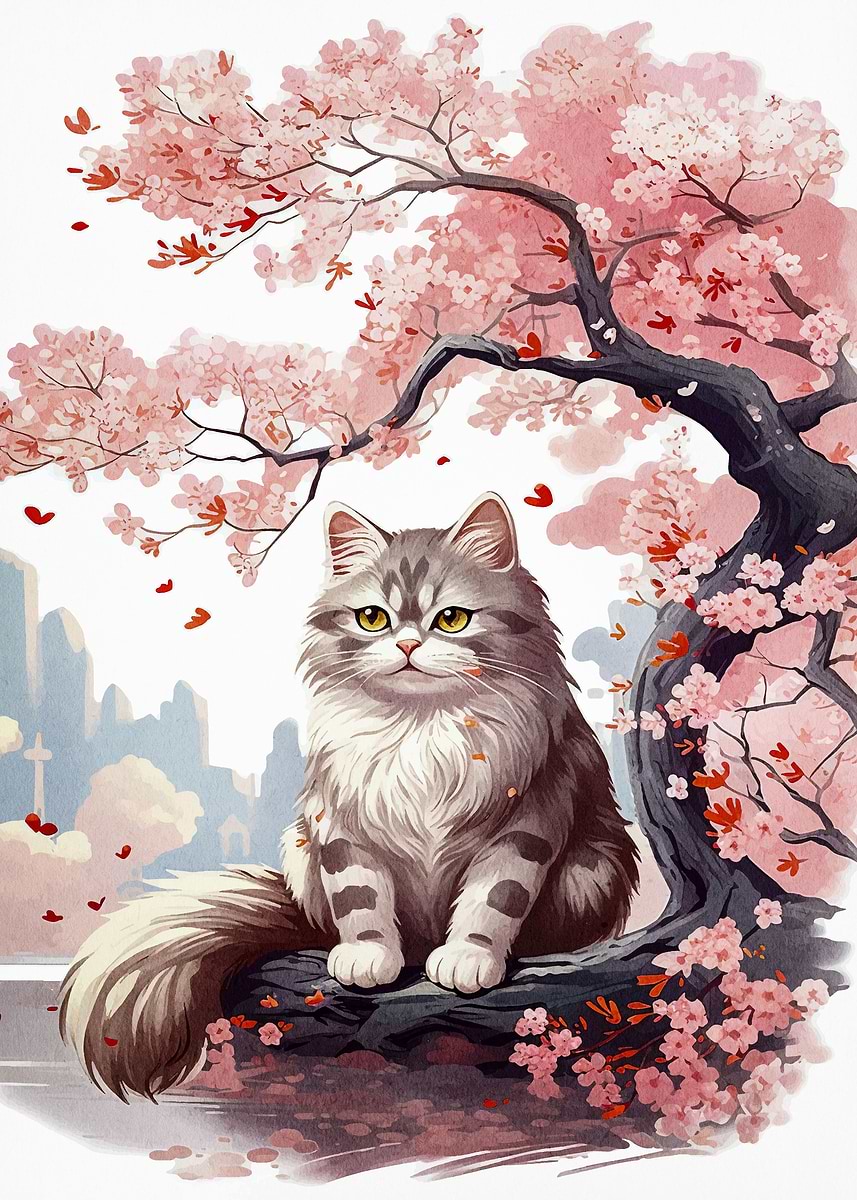 'cherry blossom cat' Poster, picture, metal print, paint by Patsy ...