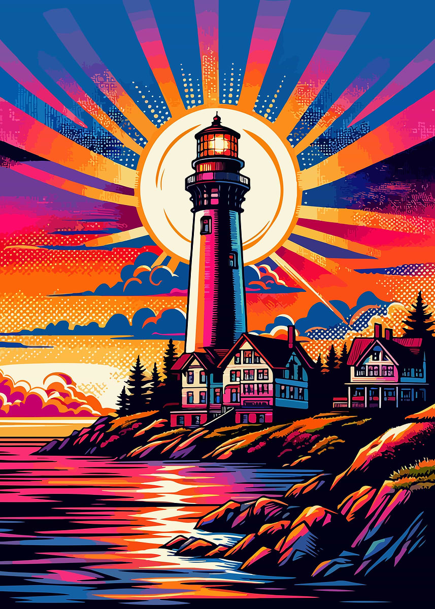 'Lighthouse sunset colorfuf' Poster, picture, metal print, paint by du ...