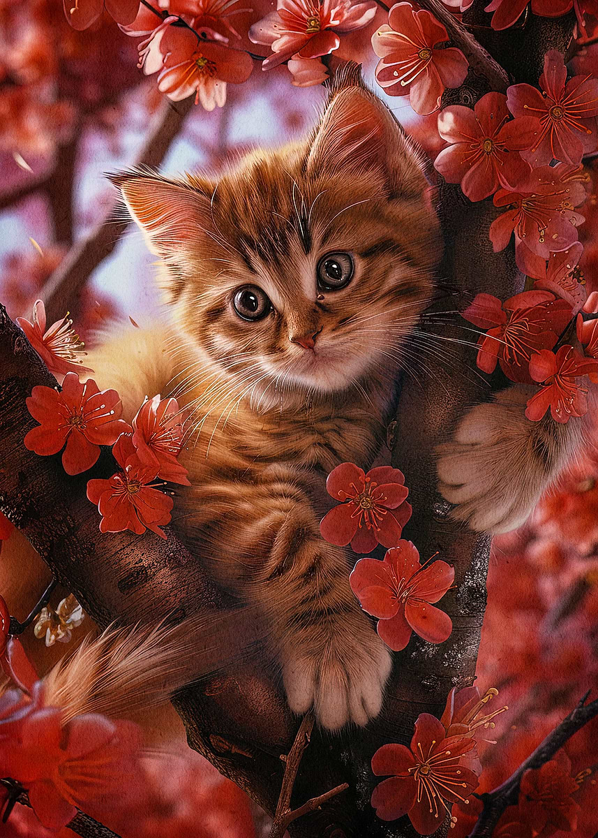 'cherry blossom cat ' Poster, picture, metal print, paint by Patsy ...