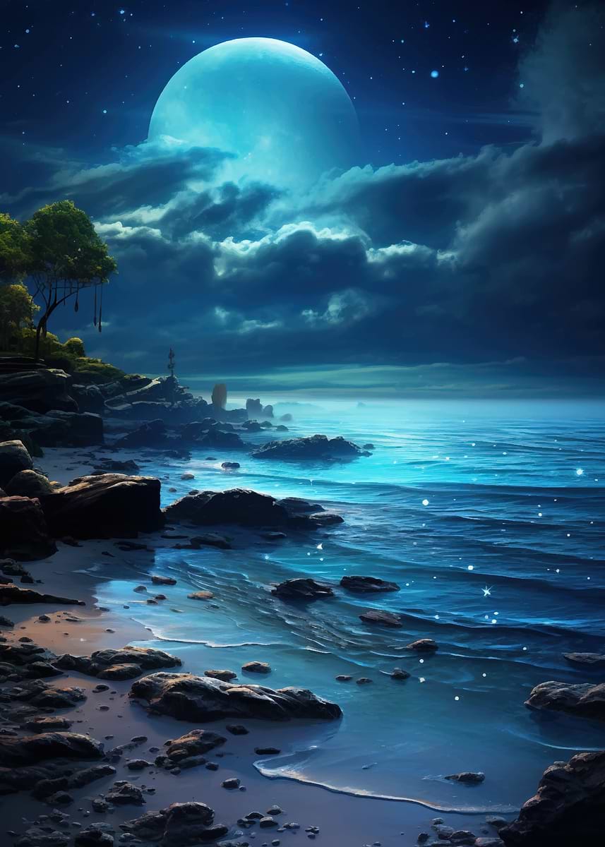 'Blue ocean night sky' Poster, picture, metal print, paint by nguyencao ...