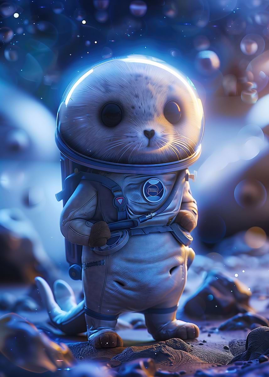 'Seal Cosmonaut in Space' Poster, picture, metal print, paint by ...