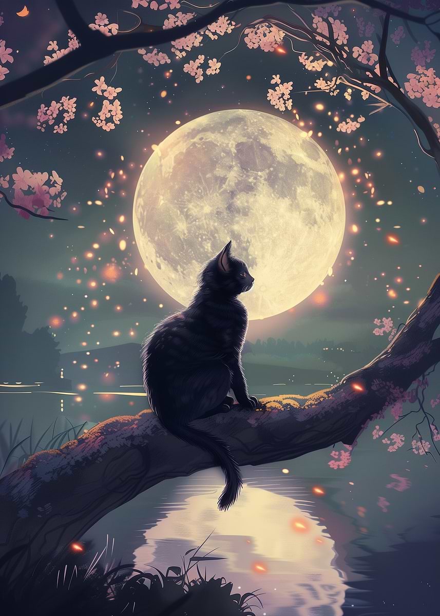 'Cat Moon ' Poster, picture, metal print, paint by Zakaria Store | Displate