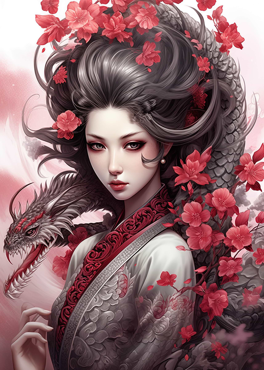 'Geisha Dragon' Poster, picture, metal print, paint by GojoArt | Displate