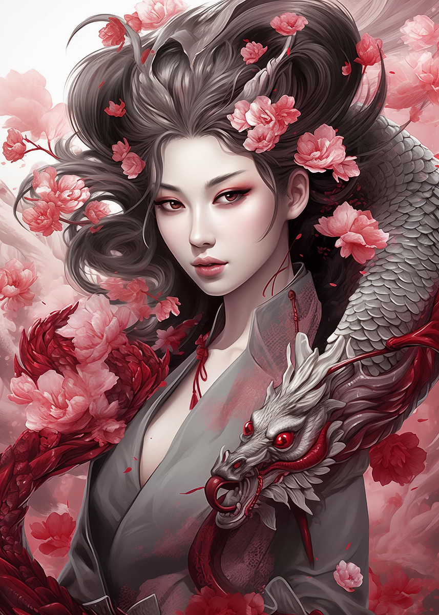 'Geisha Dragon' Poster, picture, metal print, paint by GojoArt | Displate
