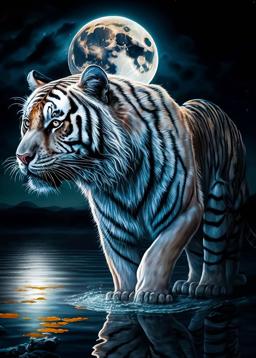 'White Tiger Moon' Poster, picture, metal print, paint by Eira | Displate