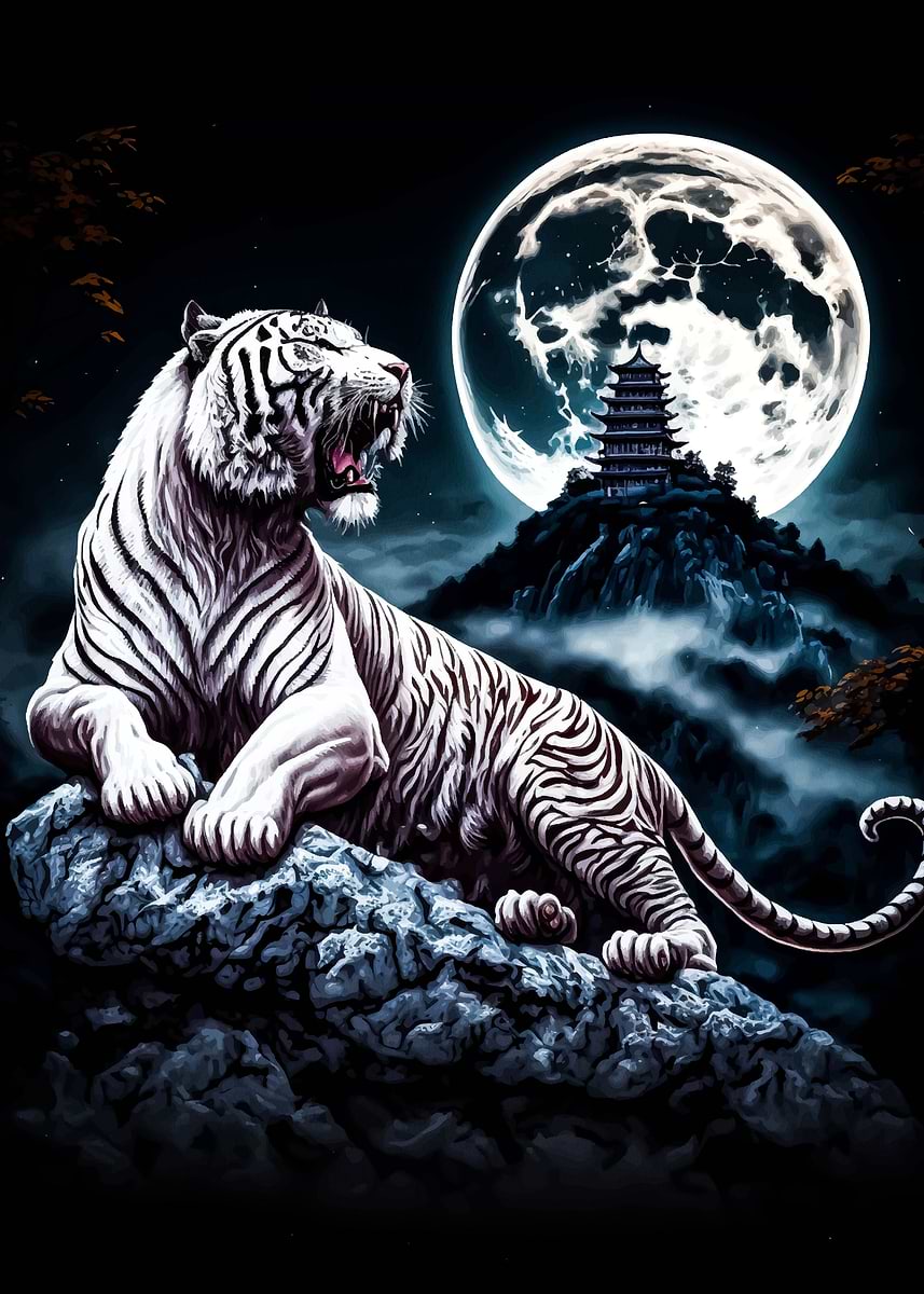 'White Tiger Moon' Poster, picture, metal print, paint by Eira | Displate