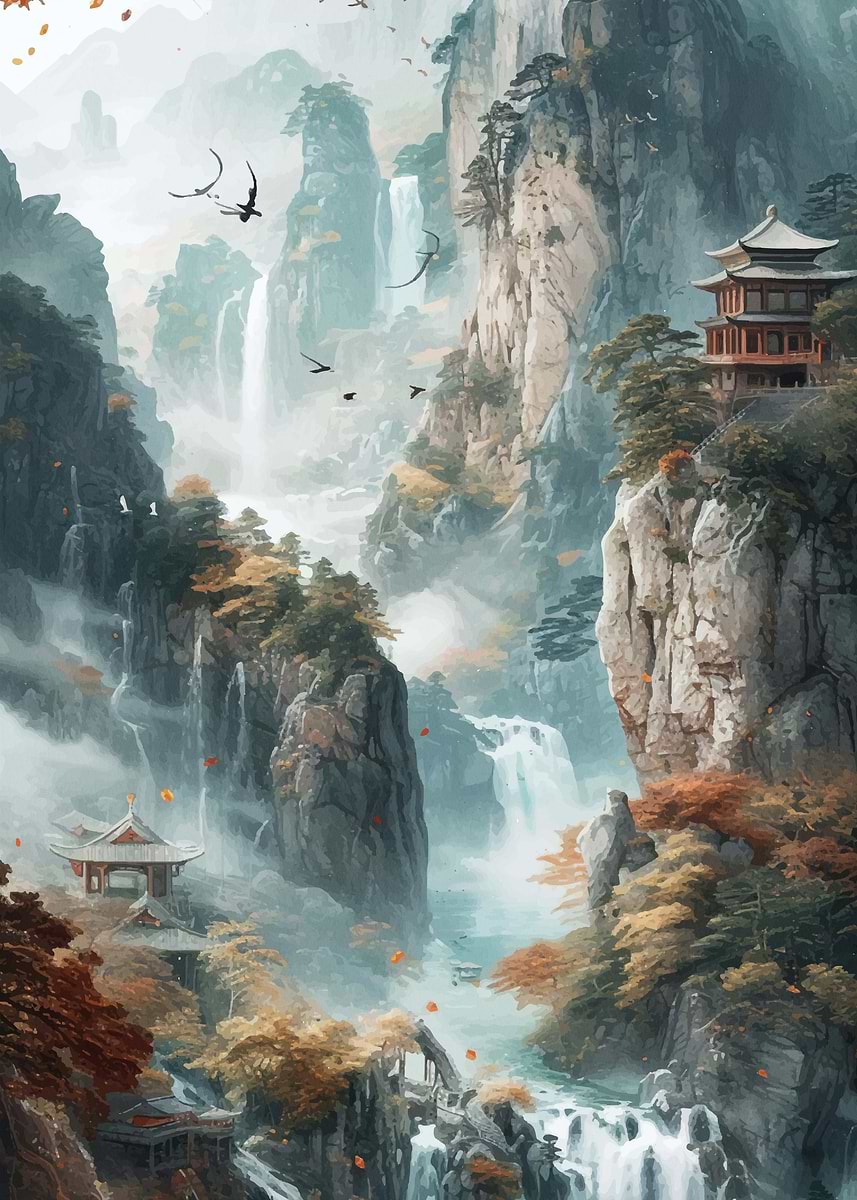 'Chinese Landscape' Poster, picture, metal print, paint by Eira | Displate
