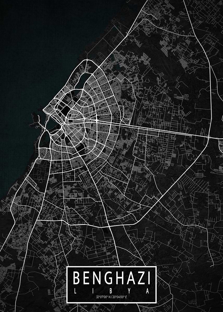 'Benghazi City Map Dark' Poster, picture, metal print, paint by deMAP ...