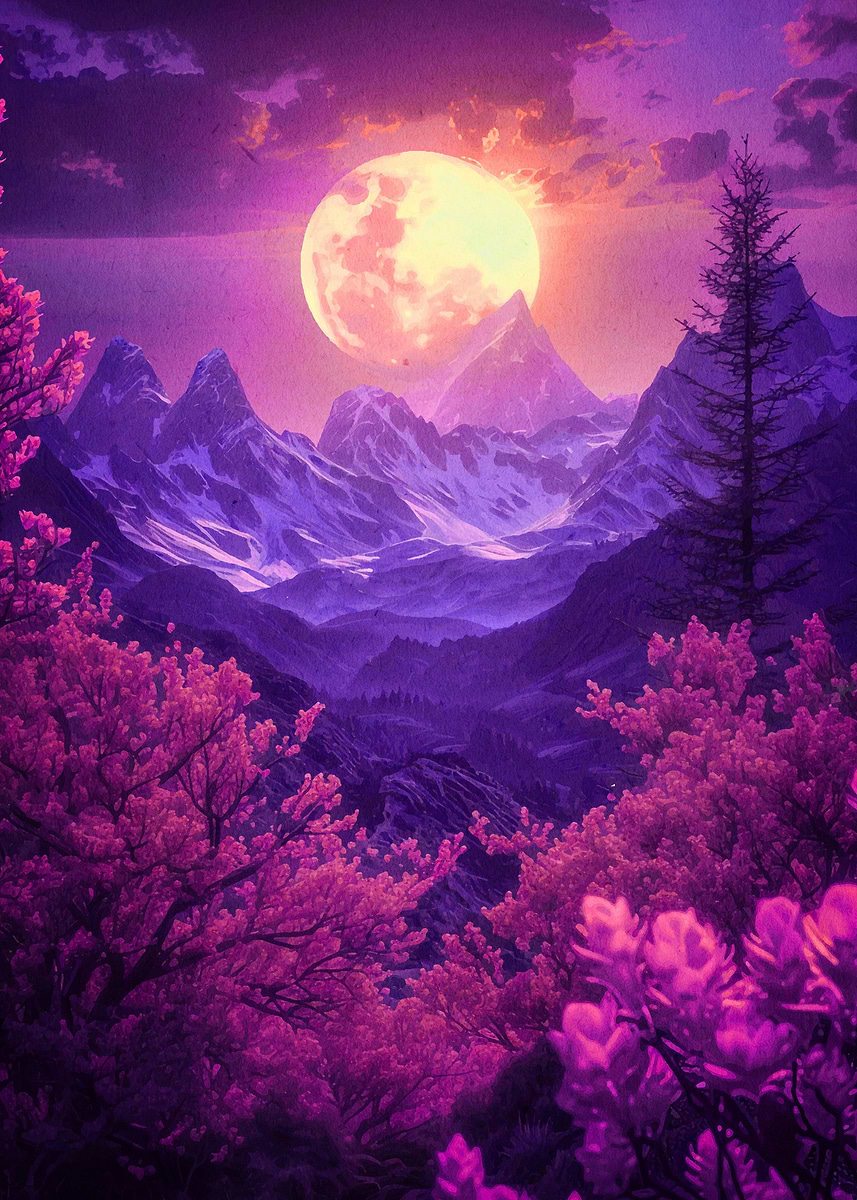'moon landscape magic retro' Poster, picture, metal print, paint by ...
