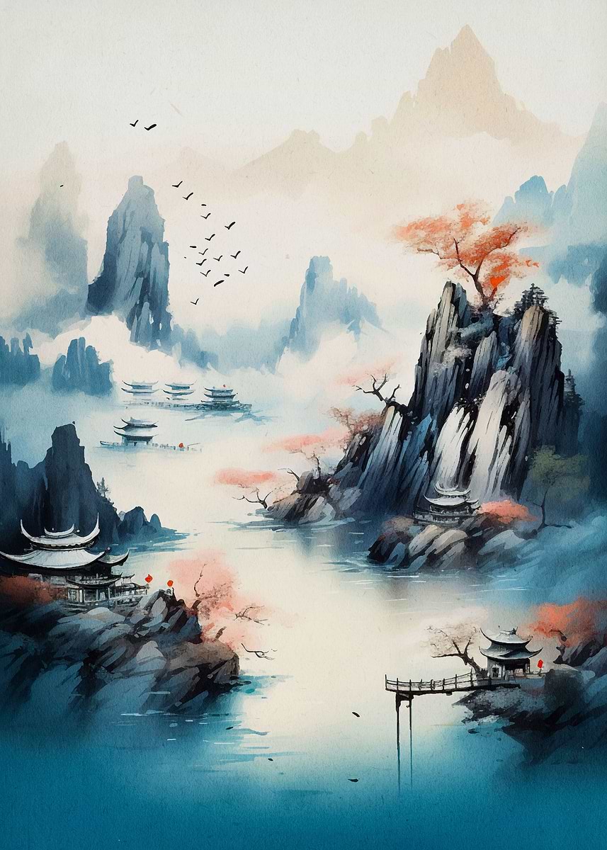 'Vintage Chinese Landscape ' Poster, picture, metal print, paint by ...
