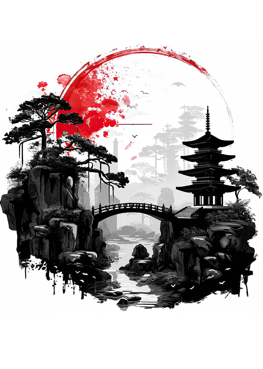 'red japanese' Poster, picture, metal print, paint by DonnaAnselm ...