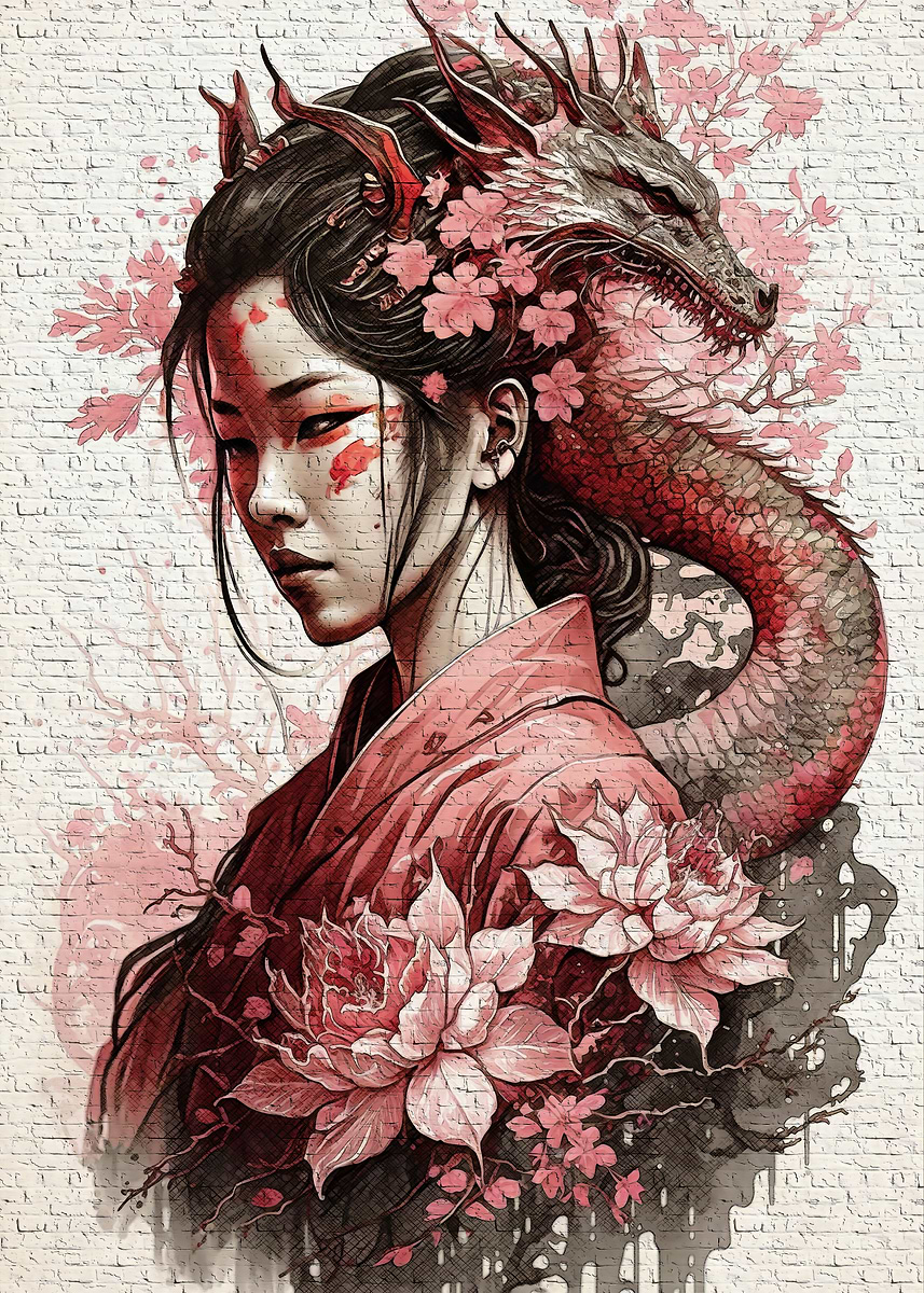 'Geisha dragon' Poster, picture, metal print, paint by Japanese ...