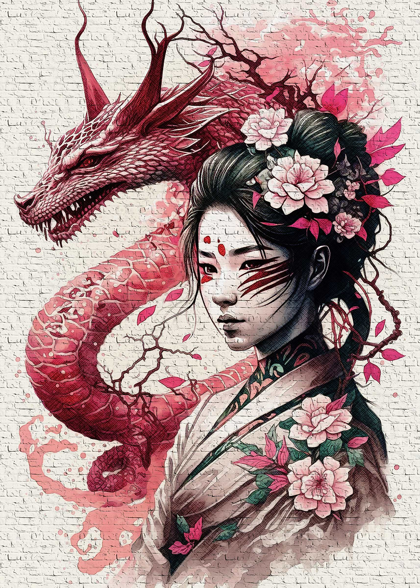 'Geisha dragon' Poster, picture, metal print, paint by Japanese ...