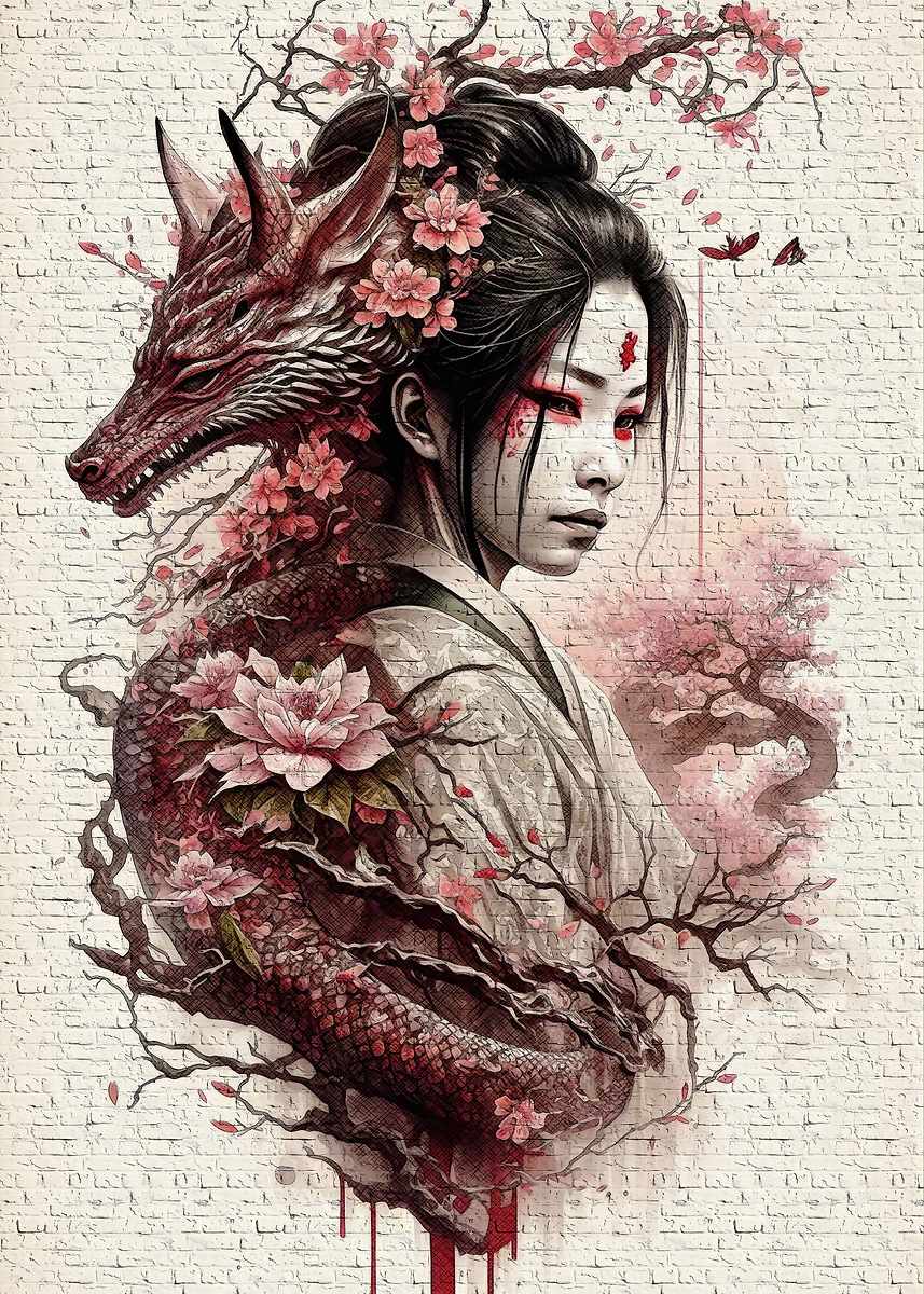 'Geisha dragon' Poster, picture, metal print, paint by Japanese ...