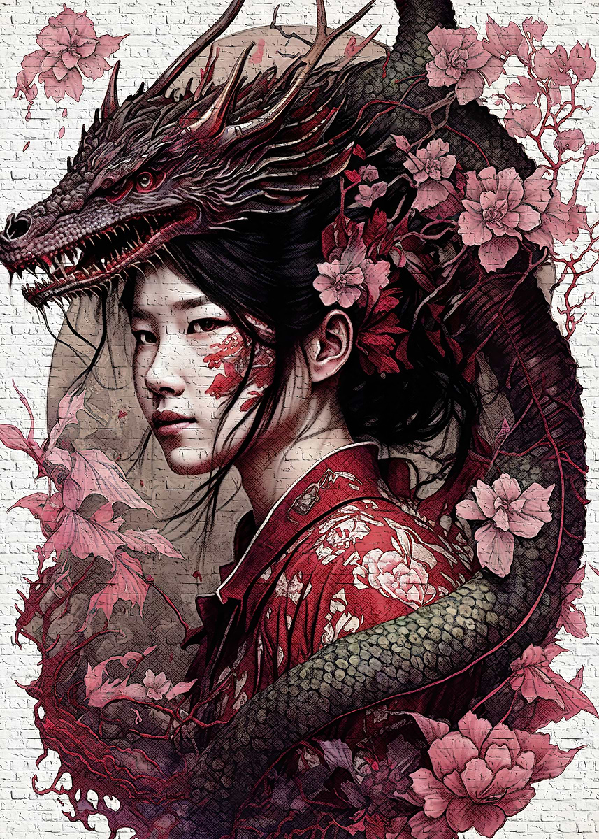 'Geisha dragon' Poster, picture, metal print, paint by Japanese ...