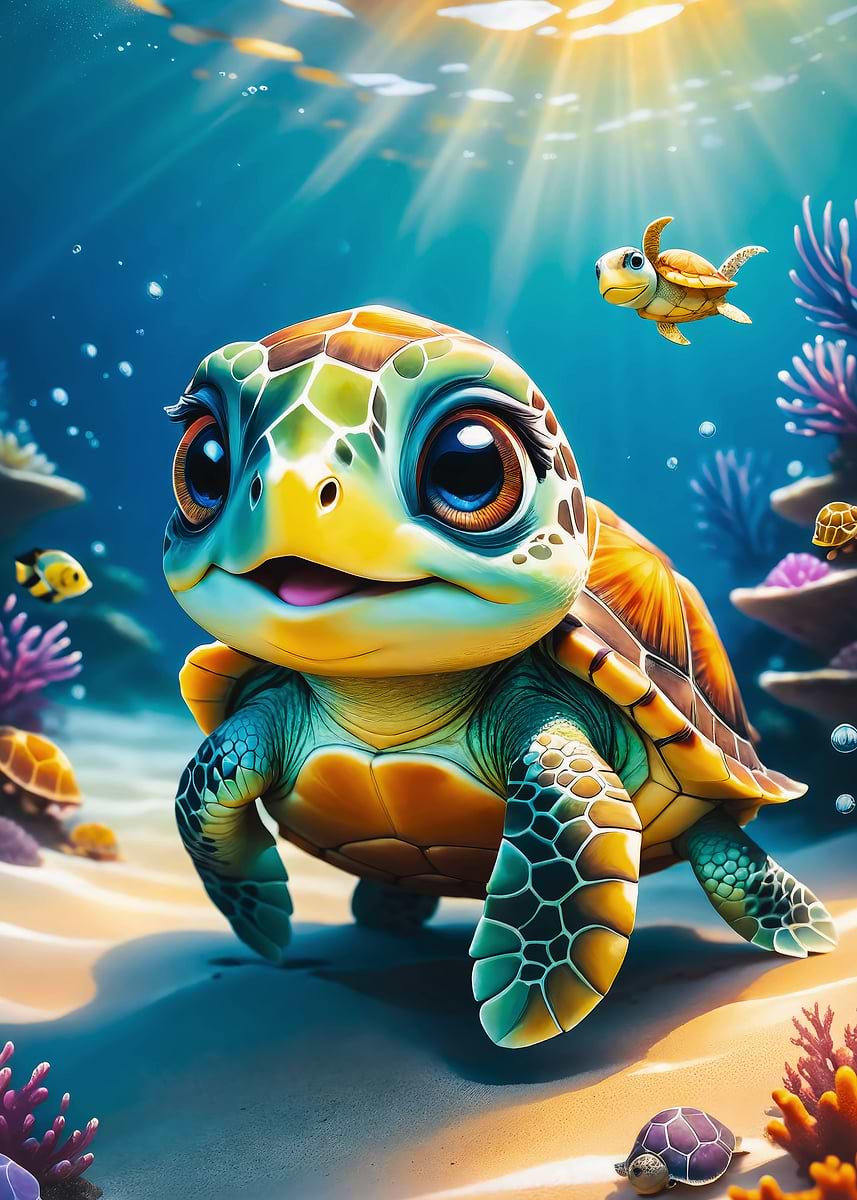 'Baby Turtle World' Poster, picture, metal print, paint by Maxime Arbez ...
