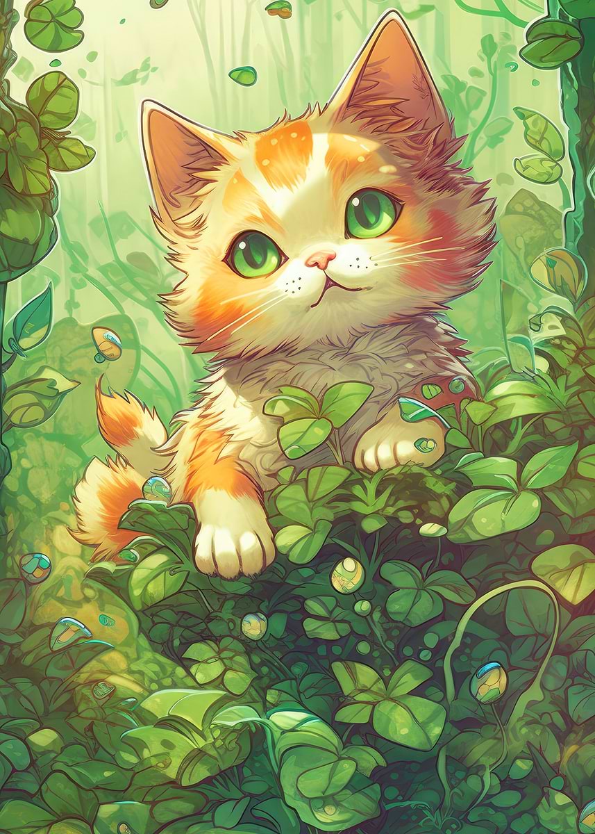 'Cat and Leaves' Poster, picture, metal print, paint by Fidy Art | Displate