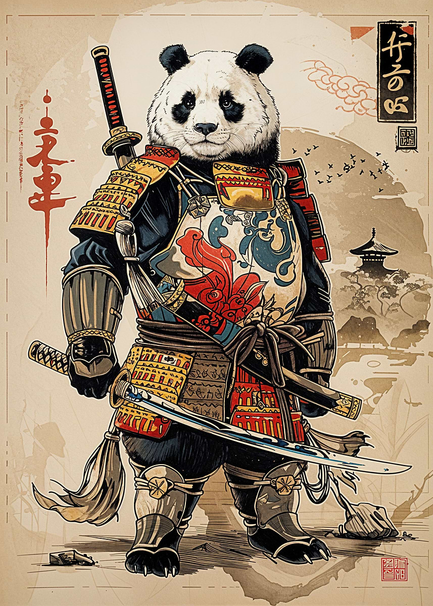'Samurai Panda' Poster, picture, metal print, paint by SuperNova | Displate
