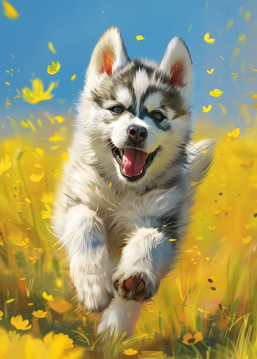 'happy husky' Poster, picture, metal print, paint by Marc Kunze | Displate