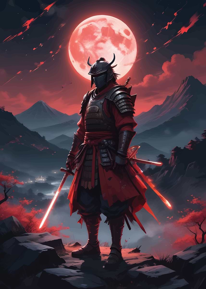 'samurai moon red japan' Poster, picture, metal print, paint by ALEX ...